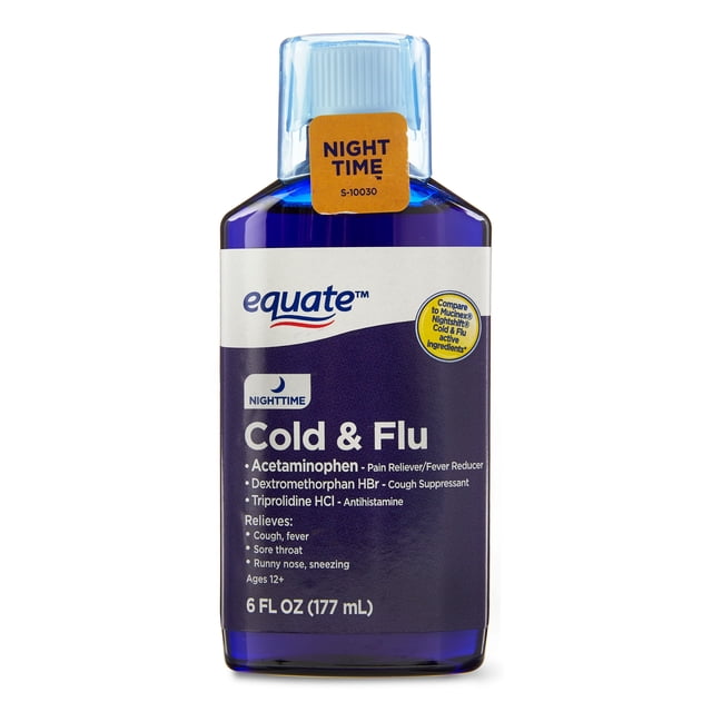 Equate Nighttime Cold & Flu Liquid, 6 fl oz, Compare to Mucinex ...