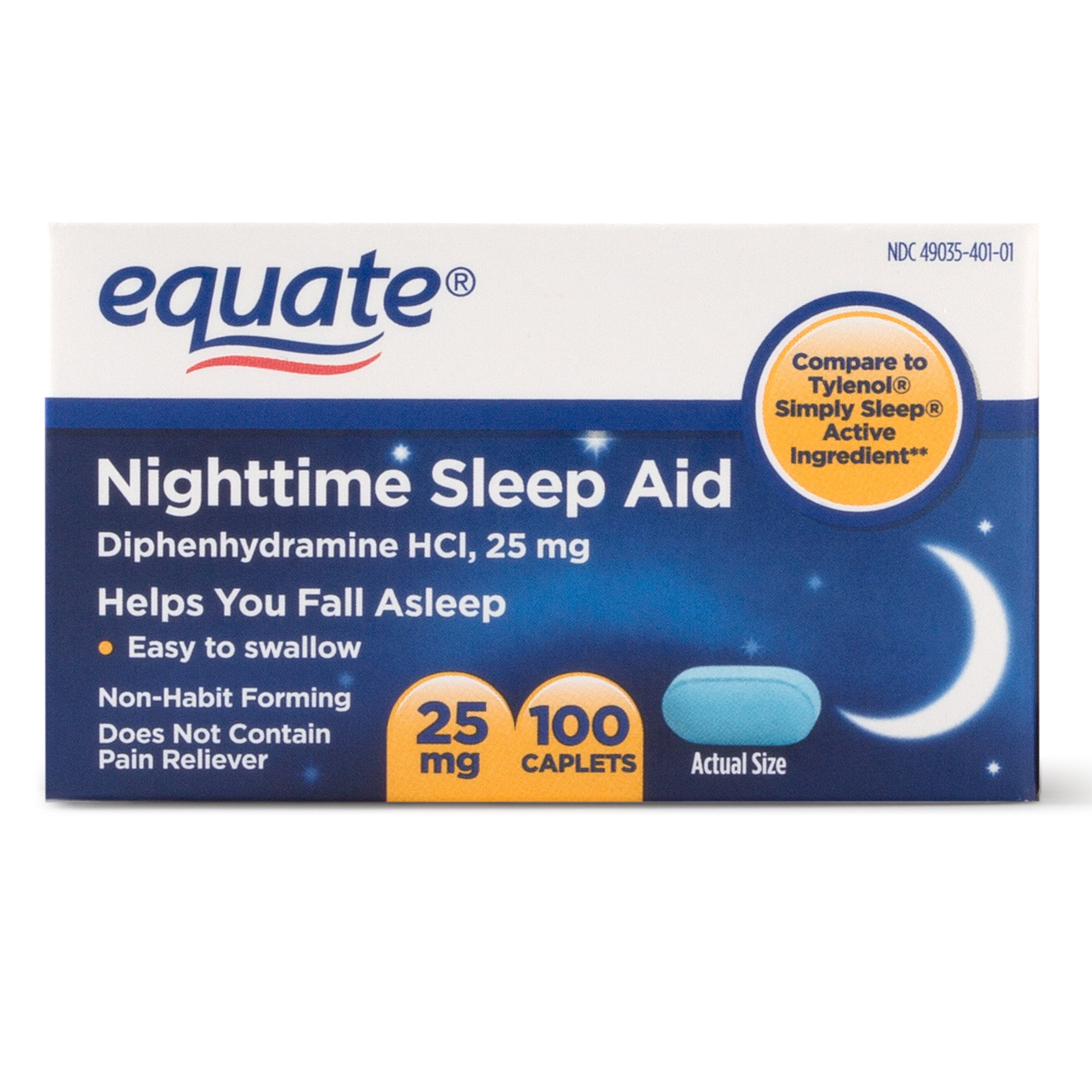 Equate Nighttime Sleep Aid Diphenhydramine HCl Caplets, 25 mg, 100 ...