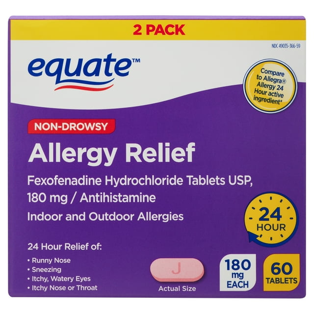 Equate Fexofenadine Hydrochloride USP Non-Drowsy Allergy Relief Tablets ...