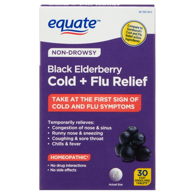 Equate, Non-Drowsy, Black Elderberry Homeopathic Cold + Flu Relief, 30 ...