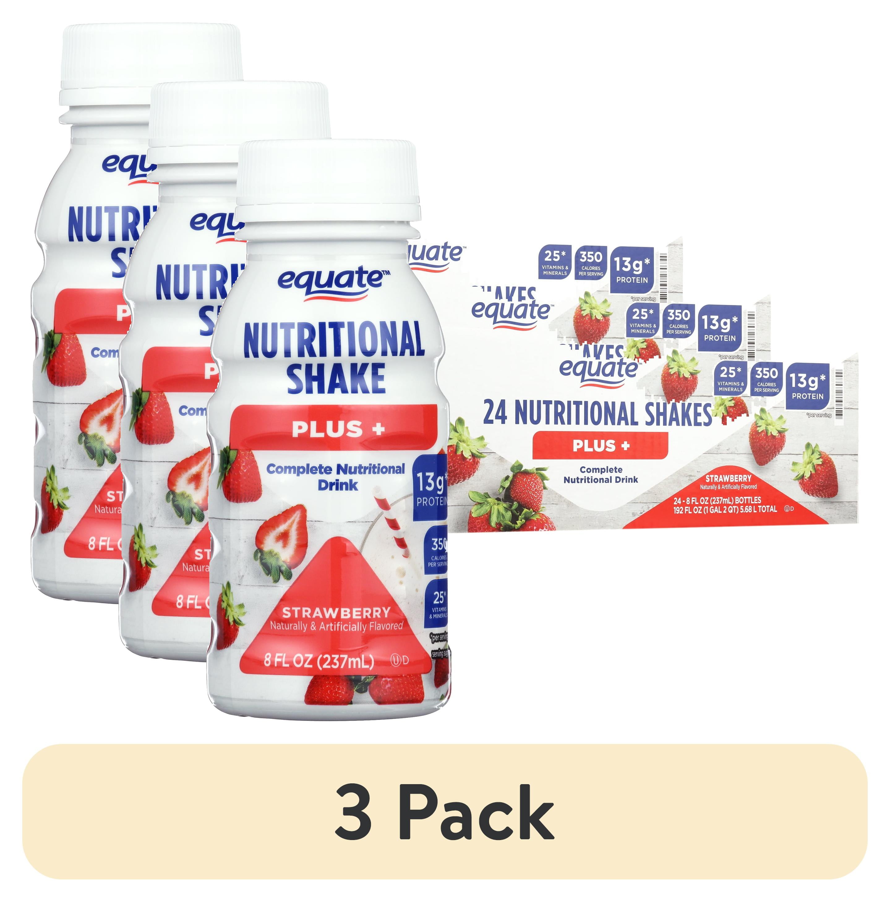 (3 pack) Equate Nutritional Shake Plus, Strawberry, 8 fl oz, 24 Count - Walmart.com