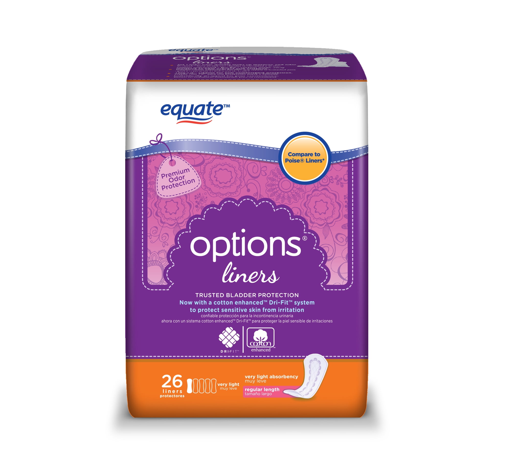 Equate Options Incontinence Liners for Women, Very Light, Regular, 26 ...