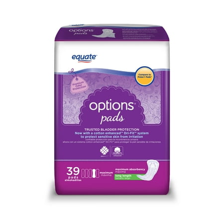 Equate Options Incontinence Pads for Women, Maximum, Long, 39 Ct ...
