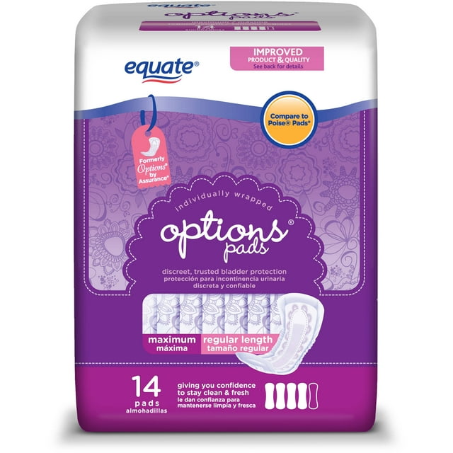 Equate Options Incontinence Pads for Women, Maximum Strength, Regular ...