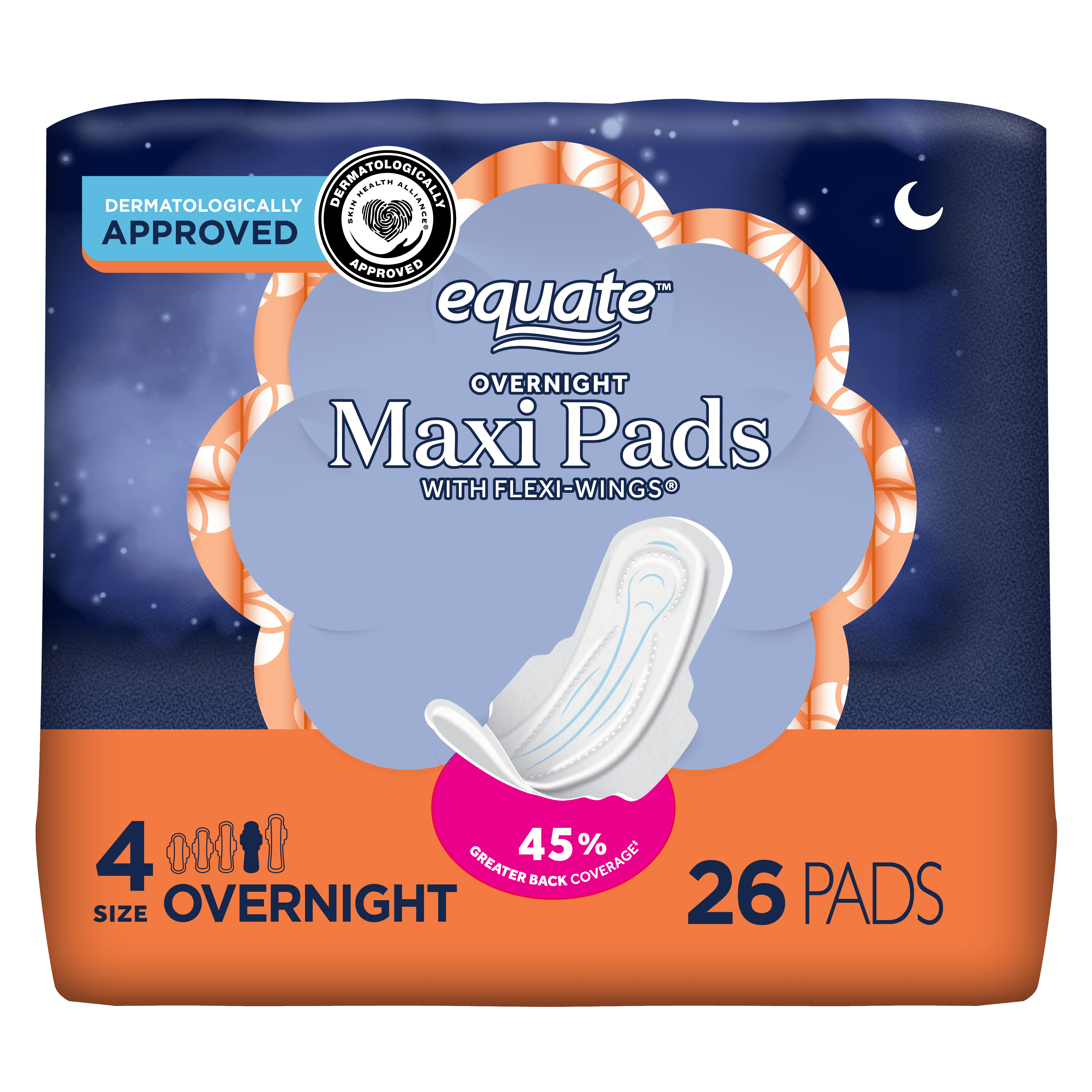 Equate Overnight Maxi Pads with Wings, Size 4, Overnight Protection (26 ...