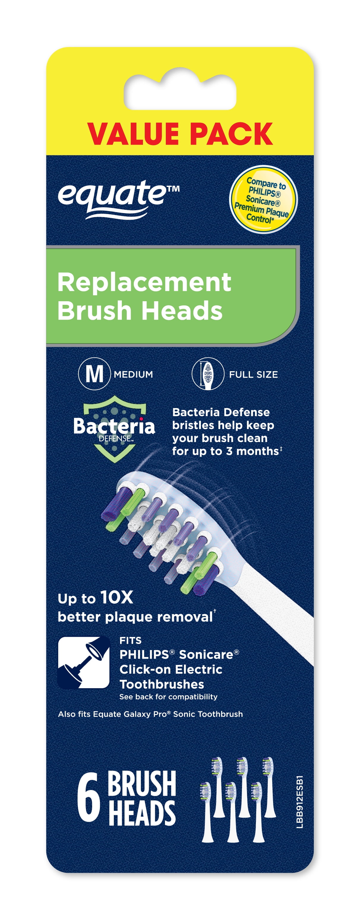 Equate Premium Antiplaque Replacement Brush Heads, Bacteria Defense and ...
