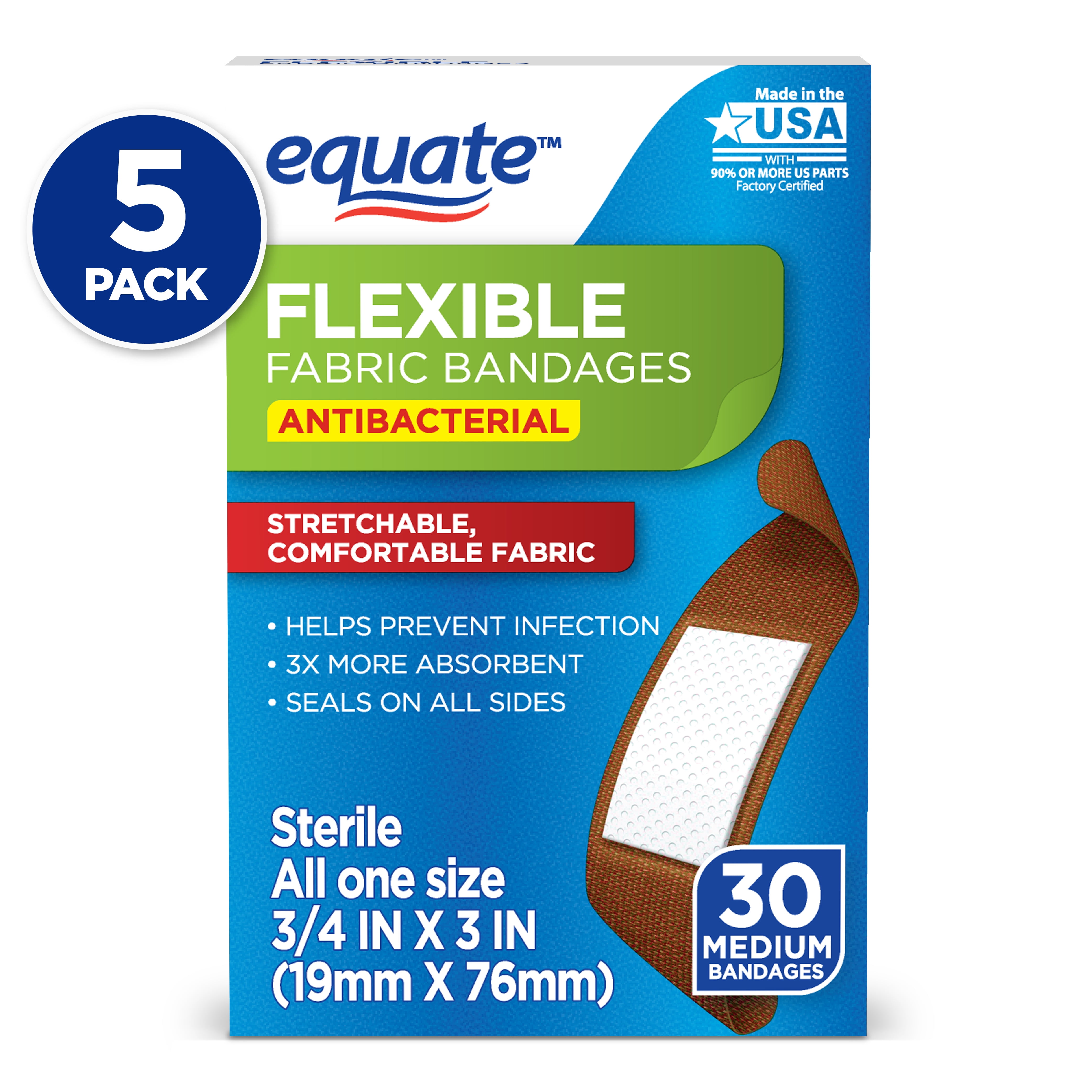 Equate Flexible Fabric Antibacterial Bandages, 30 Count (5 Pack) HSA ...