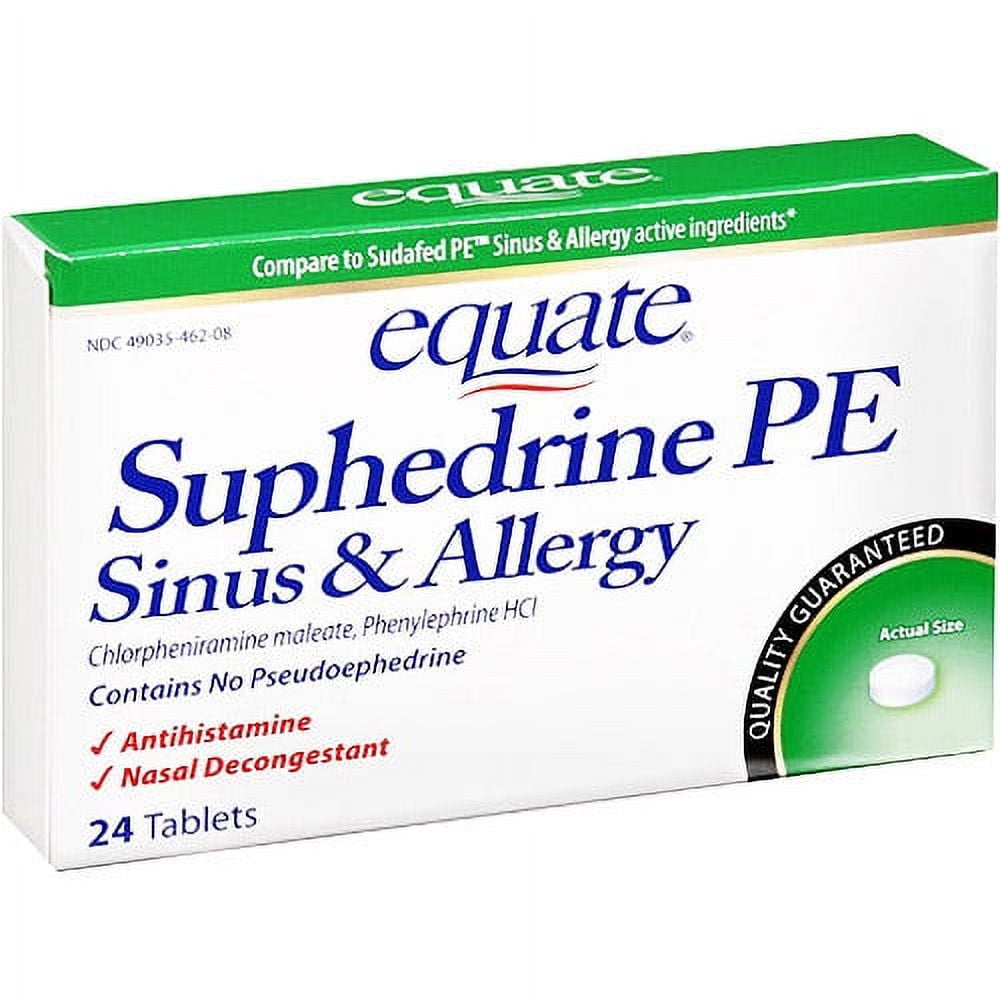 Equate Suphedrine PE Sinus & Allergy Tablets, 24ct HSA/FSA Eligible ...