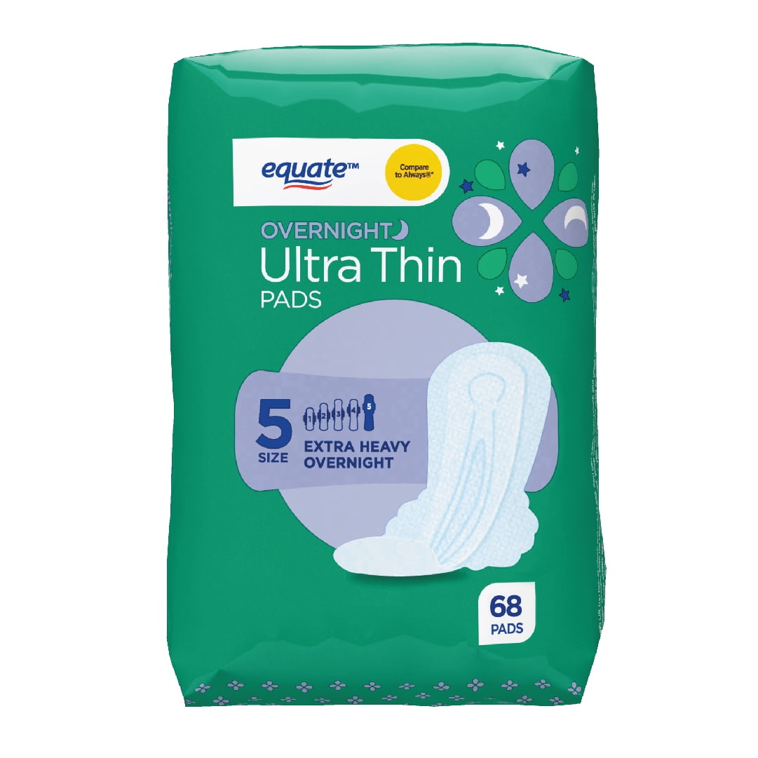 Equate Ultra Thin Pads with Wings, Extra Heavy Overnight, Unscented, 68 ...