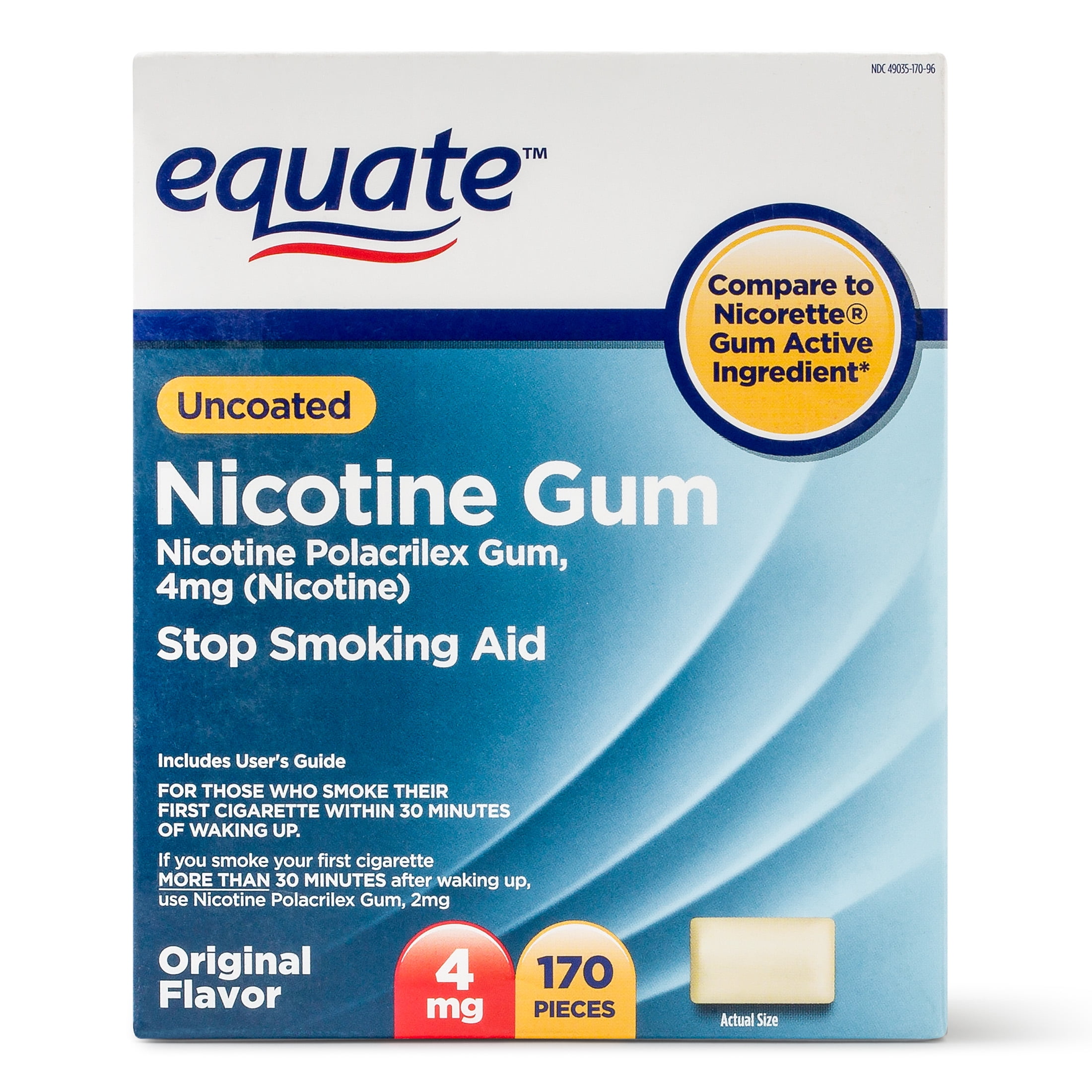 Equate Uncoated Nicotine Gum, Original Flavor, 4 mg, 170 Count HSA/FSA ...