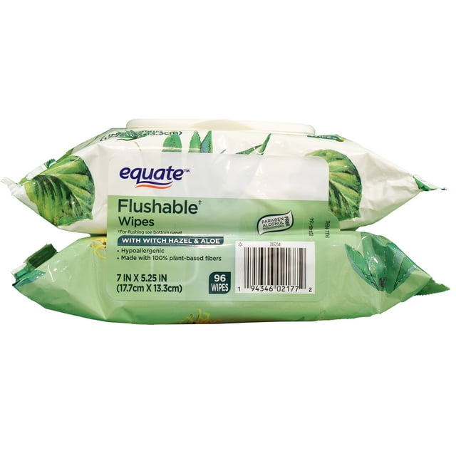 Equate Witch Hazel and Aloe Scent Flushable Wipes, 2 Flip-Top Packs (96 ...