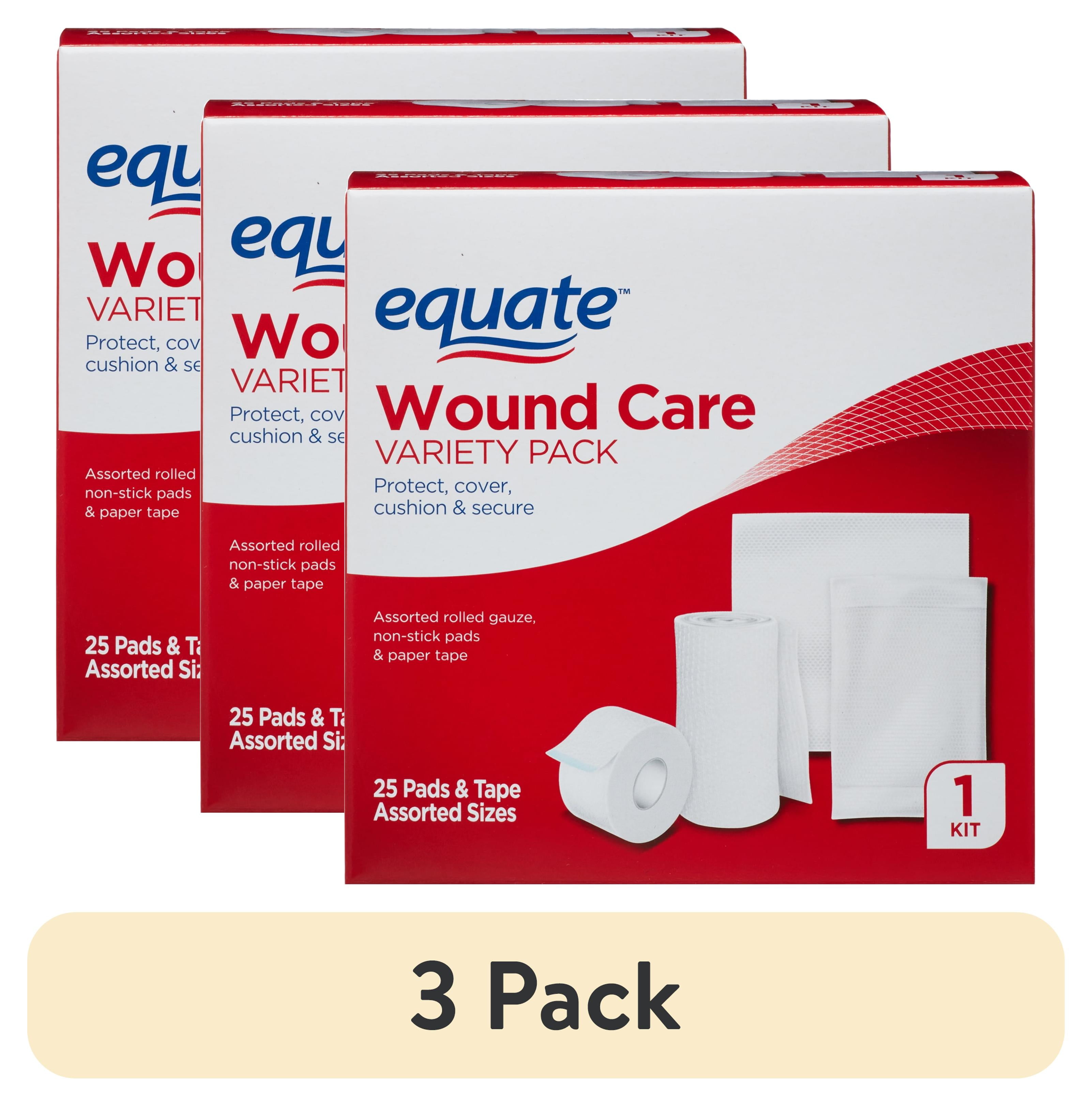 (3 pack) Equate Wound Care Kit Variety Pack, 25 Pads & Tape, Assorted ...