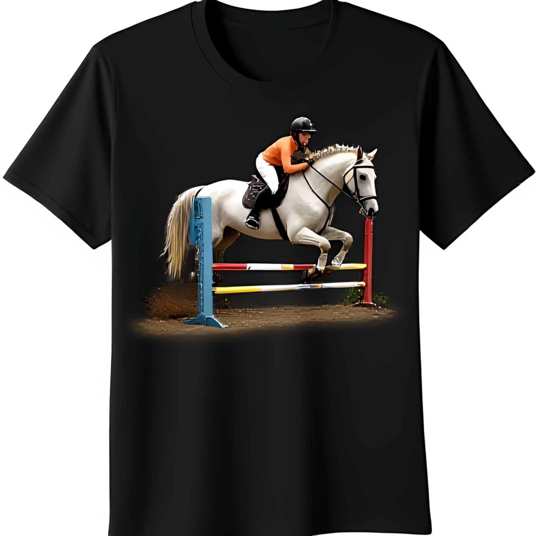 Equestrian Graphic on Black T-Shirt Rider & White Horse Jumping Hurdle ...