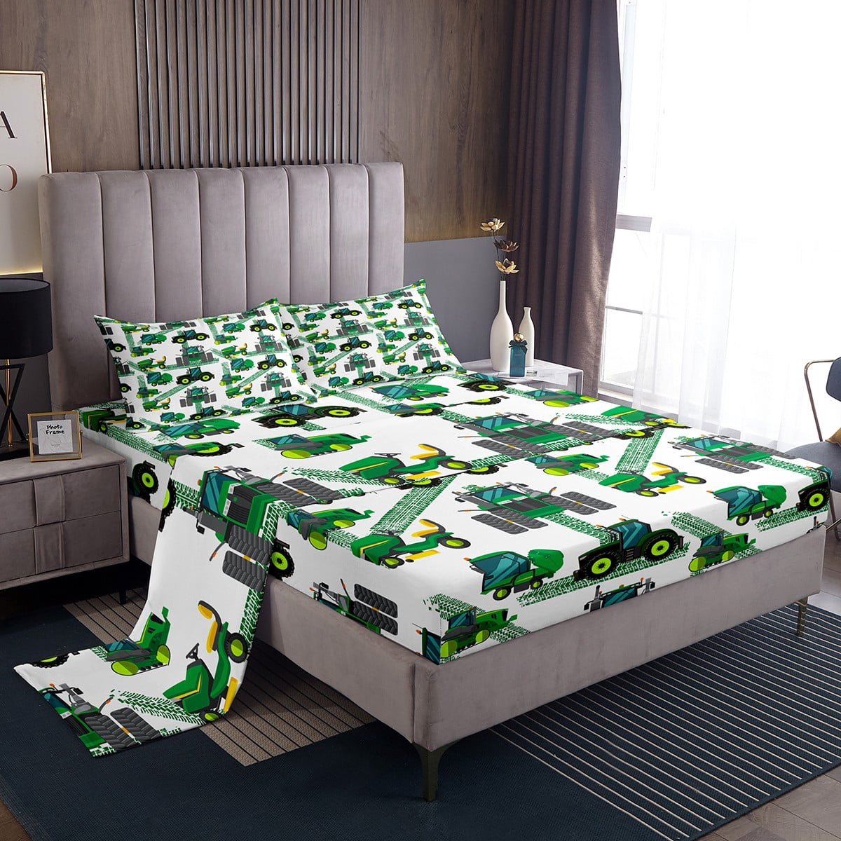 Equipment Trucks Bed Sheets Queen Excavators Sheet Set 4 Pcs Green ...