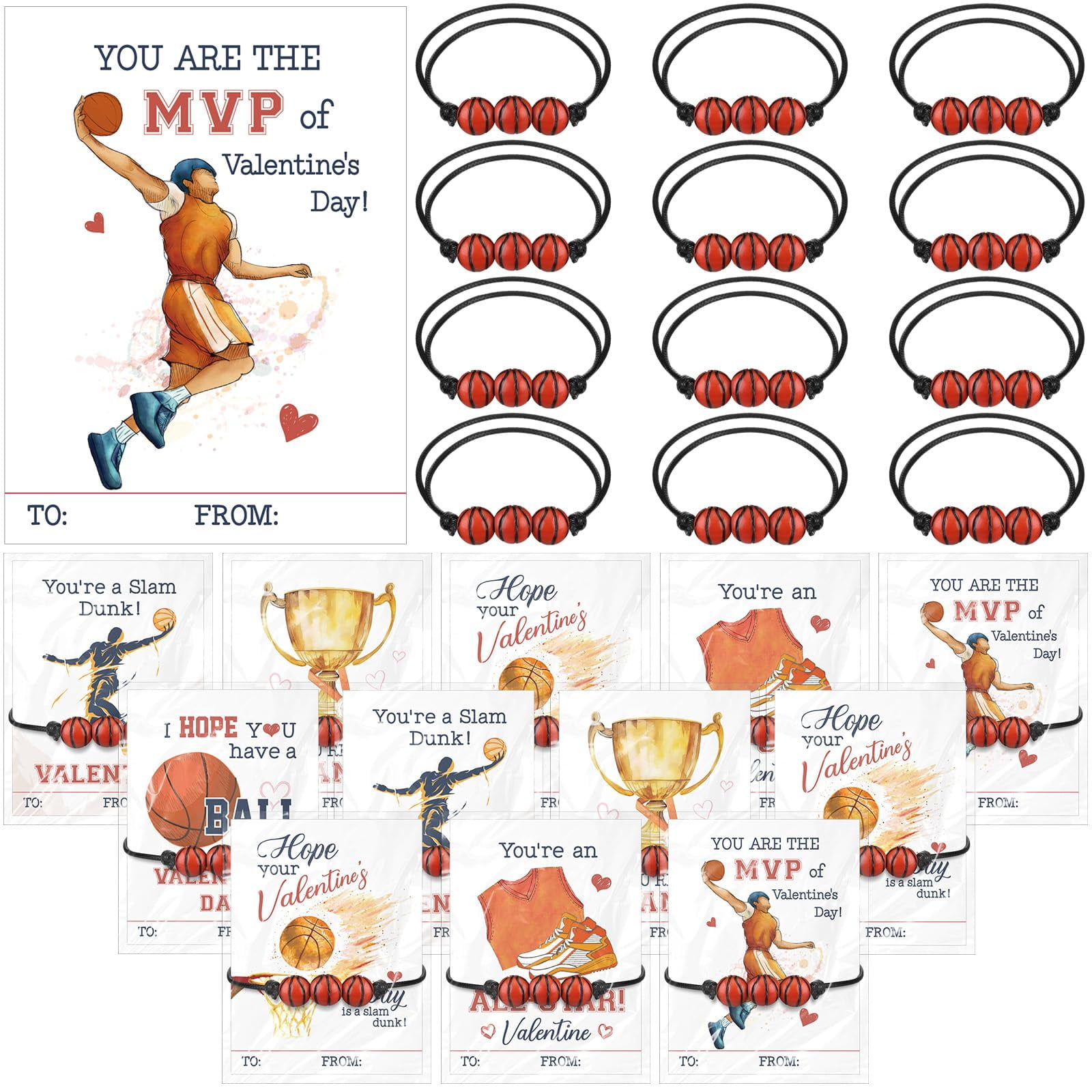 Equsion 36 Set Valentine's Basketball Gift Cards and Bracelet Valentine ...