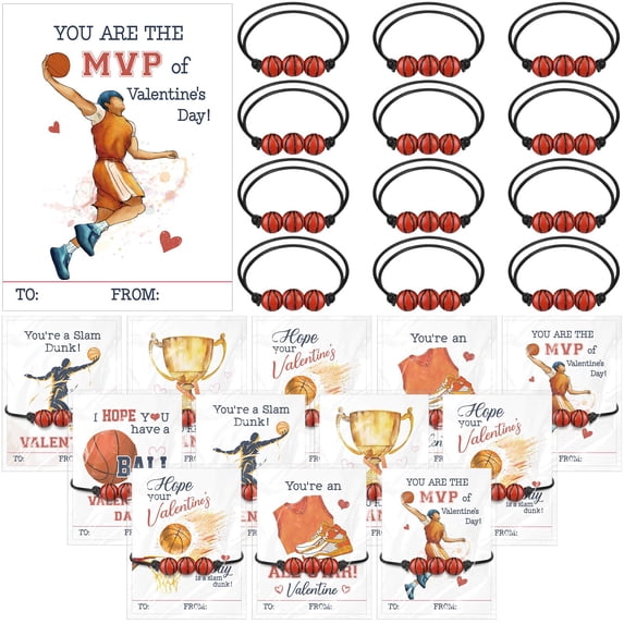 Equsion 36 Set Valentine's Basketball Gift Cards and Bracelet Valentine ...