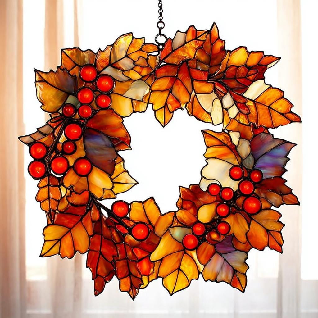 Era Gift Autumn Leaves Wreath Suncatcher Fall Faux Stained Glass ...