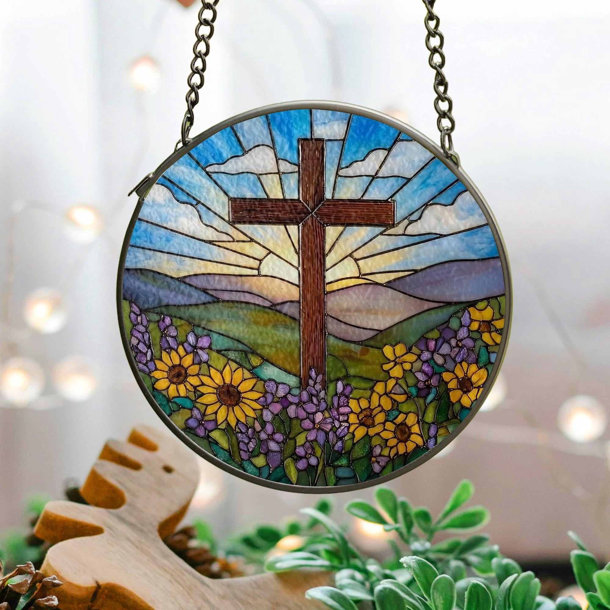 Era Gift Cross and Wildflowers Suncatcher, Religious Easter Gift for ...