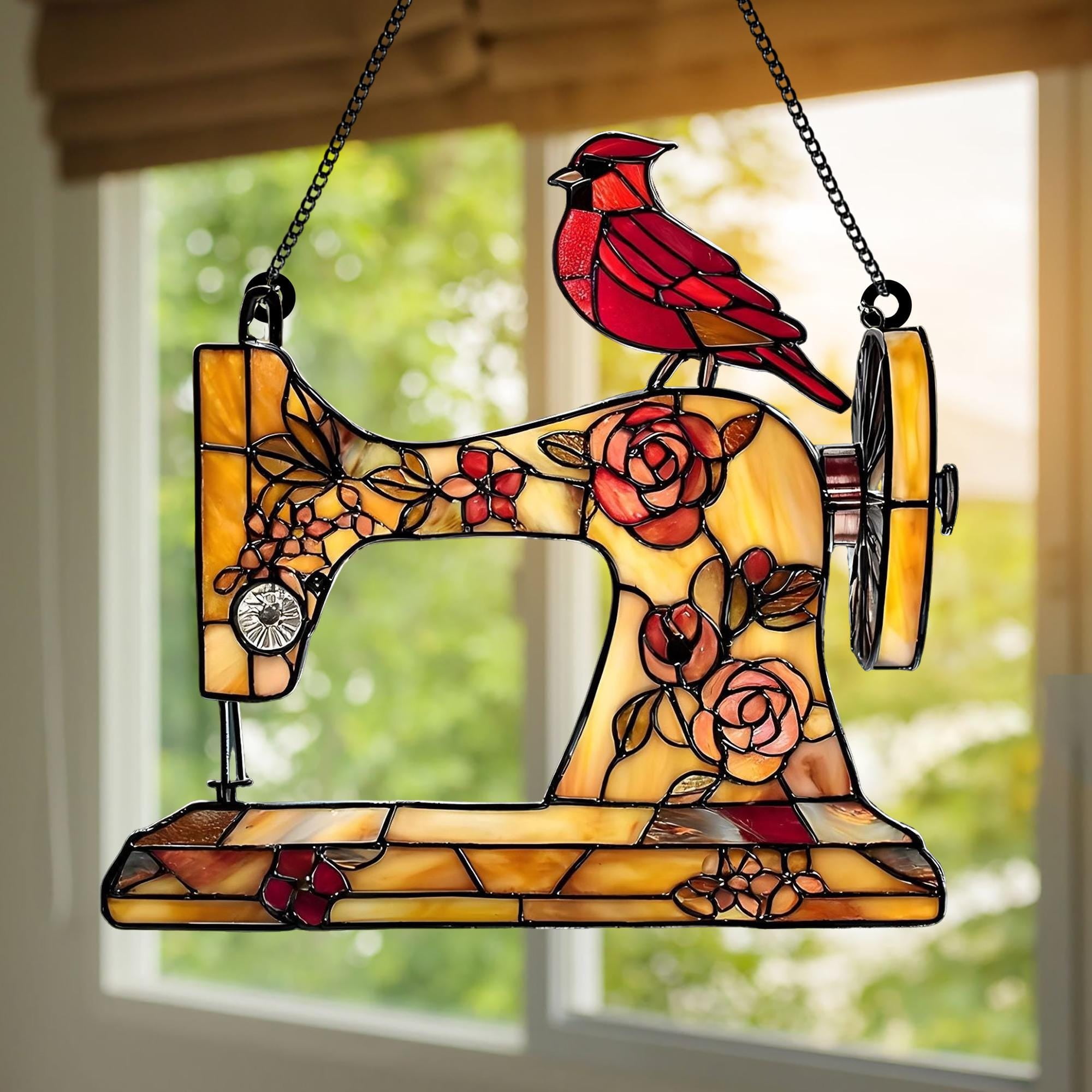 Era Gift Sewing Machine Stained Suncatcher, Floral Window Hanging with ...