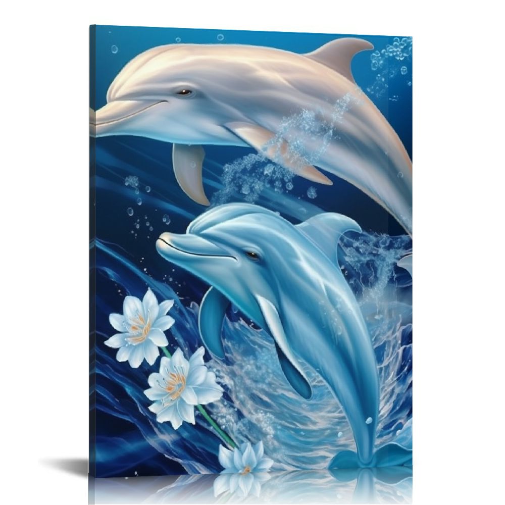 Erapdaur Dolphins Water Flower Wall Art Print Canvas Living Room ...