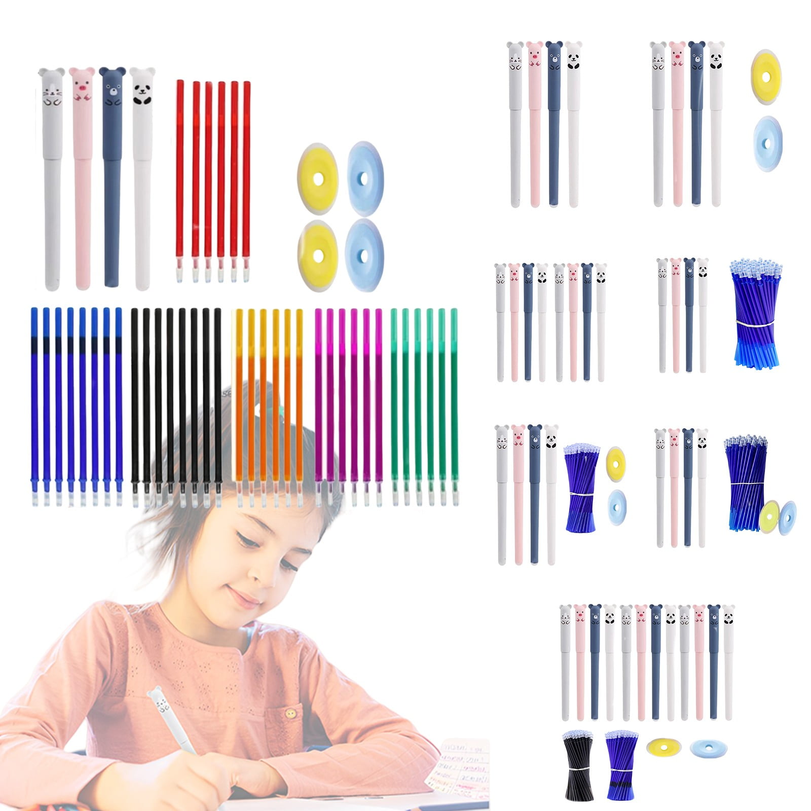 Erasable Gel Pen Thermal Easy-Rub Gel Pen Cute Cartoon Eraser Set With No-Waste Eraser 0.5mm Pen ...