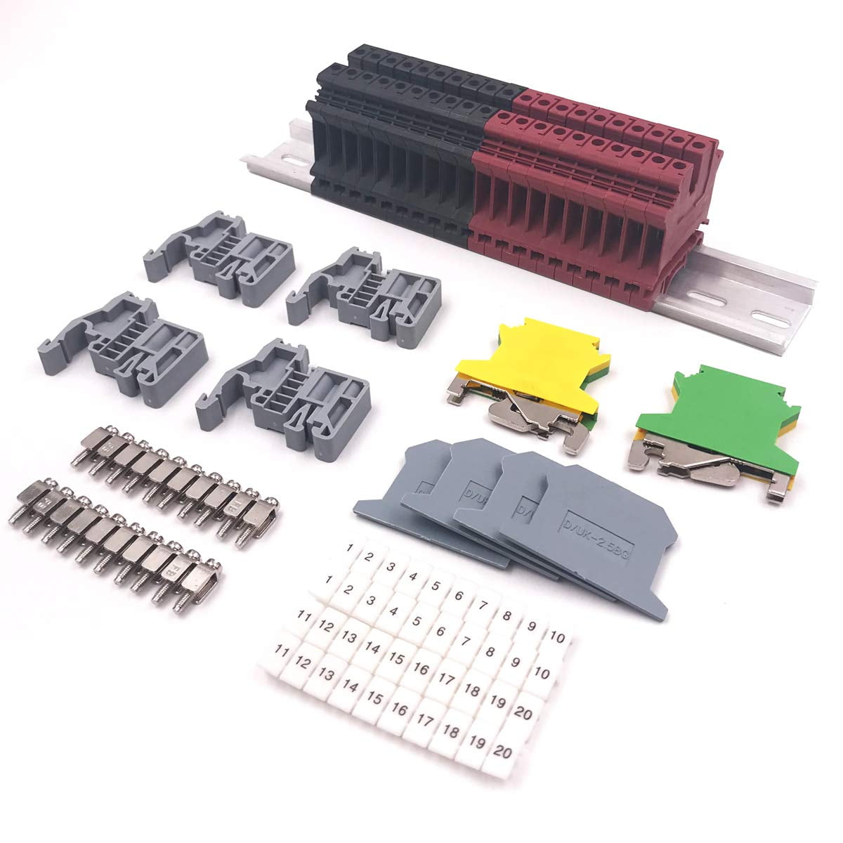 Erayco DIN Rail Terminal Blocks Kit, 20Pcs UK-2.5N 12 AWG Terminal Blocks, 2Pcs Ground Blocks ...