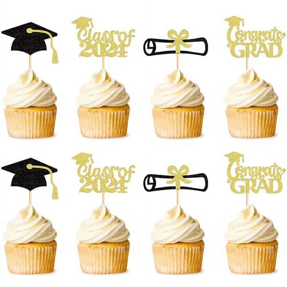Ercadio 24 Pack 2024 Graduation Cupcake Toppers Gold Glitter Grad Cap ...