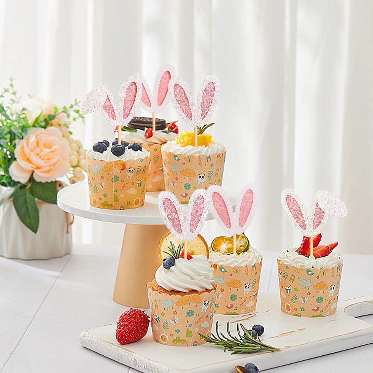 Ercadio 24 Pack Easter Bunny Ear Cupcake Toppers, Glitter Rabbit Ears ...