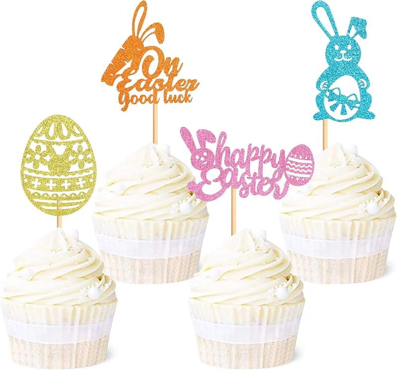 Ercadio 24 Pack Easter Bunny Ear Cupcake Toppers, Glitter Rabbit Ears ...