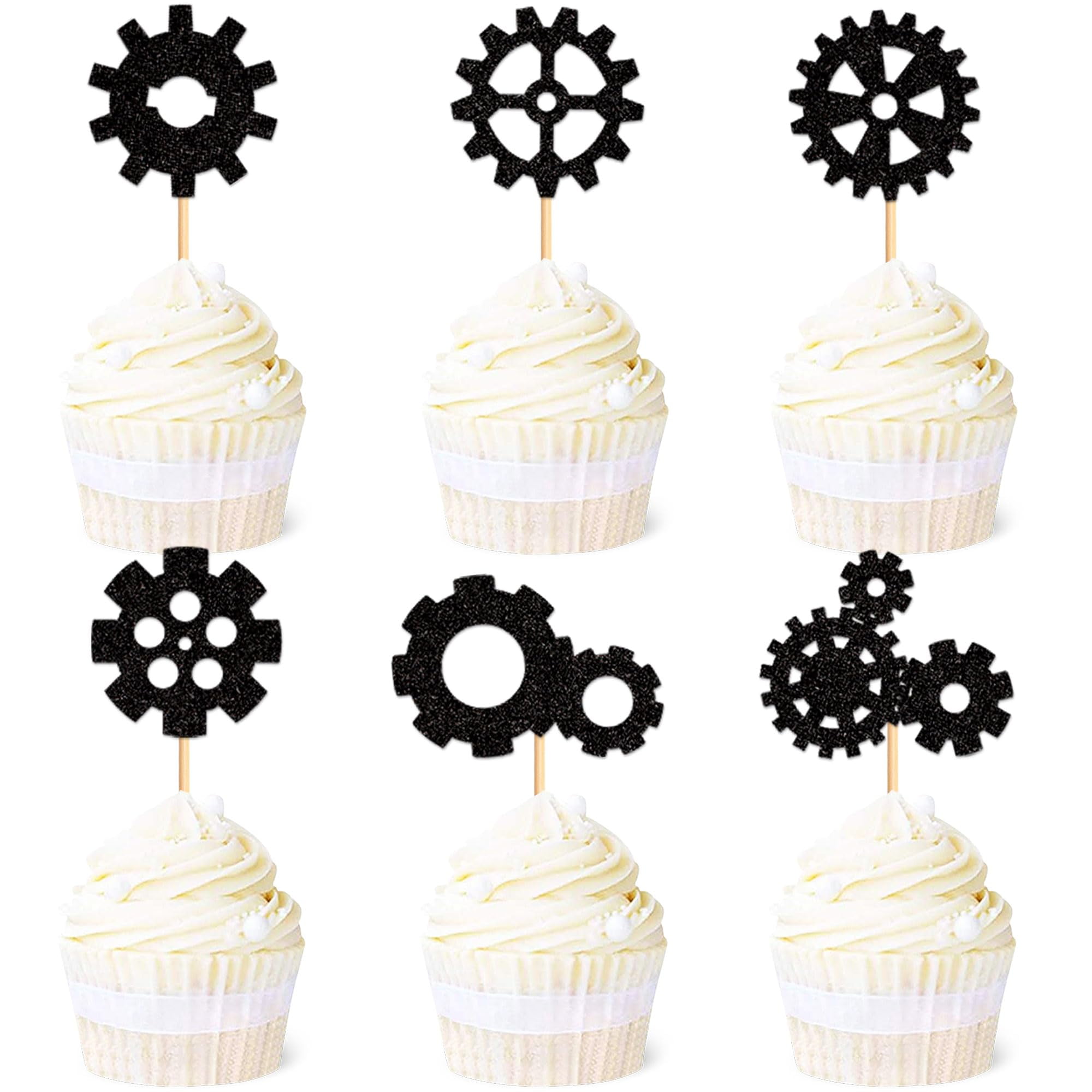 Ercadio 24 Pack Robot Gears Cupcake Toppers Black Cartoon Robot Gears ...
