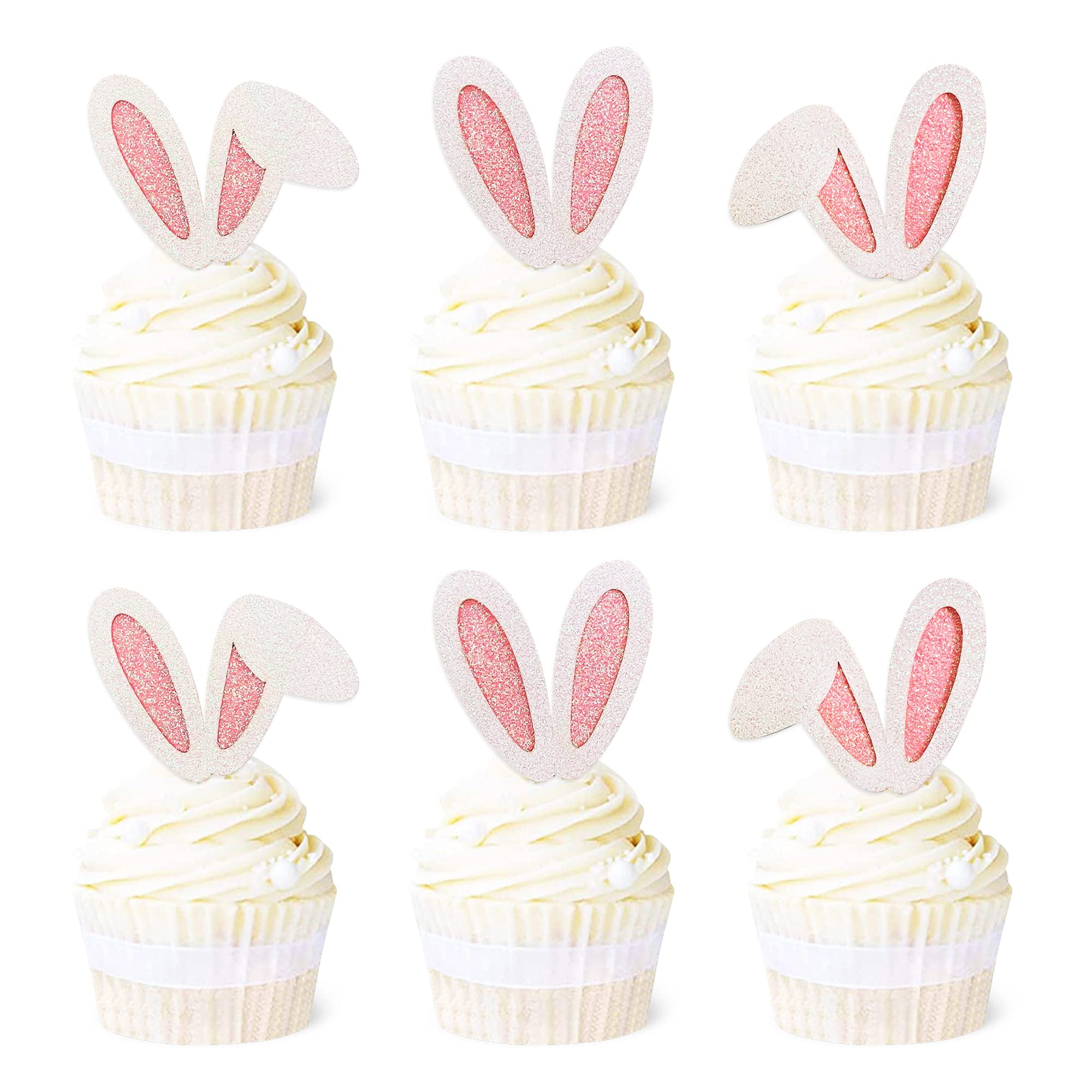 Ercadio 24 Pack TWE5 Easter Bunny Ear Cupcake Toppers Glitter Rabbit ...