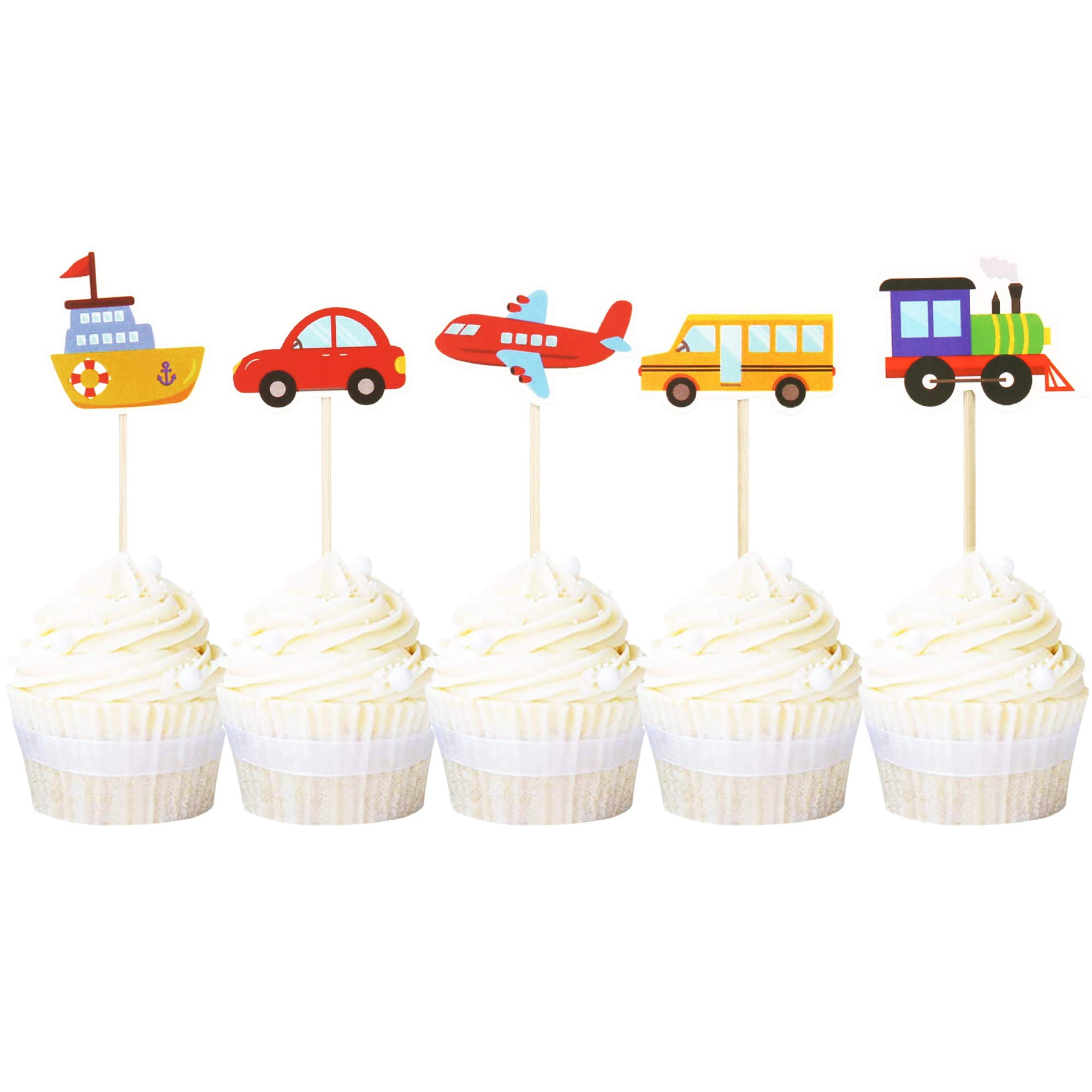 Ercadio 30 Pack FEV6 Transportation Cupcake Toppers Bus Car Ship Train ...