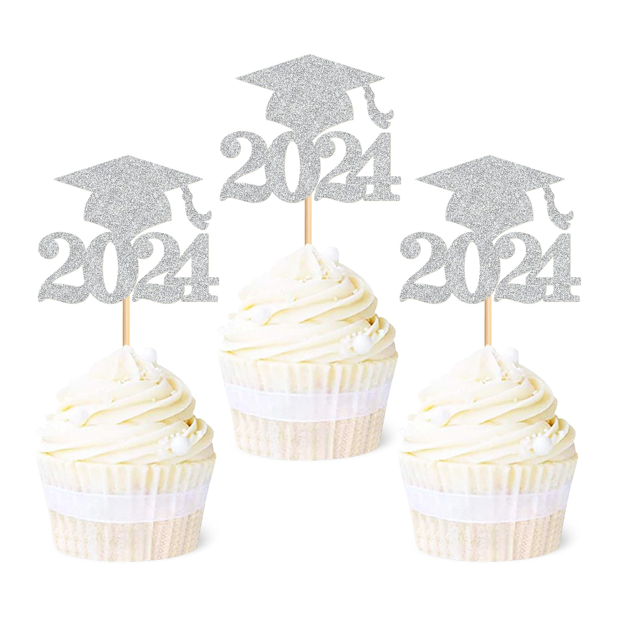 Ercadio 36 Pack 2024 Graduation Cap Cupcake Toppers 2024 Silver Glitter ...