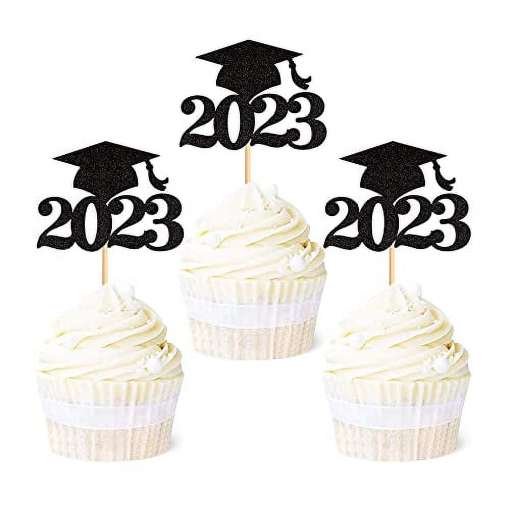 Ercadio 36 Pack Black Glitter 2023 Graduation Cap Cupcake Toppers Class ...