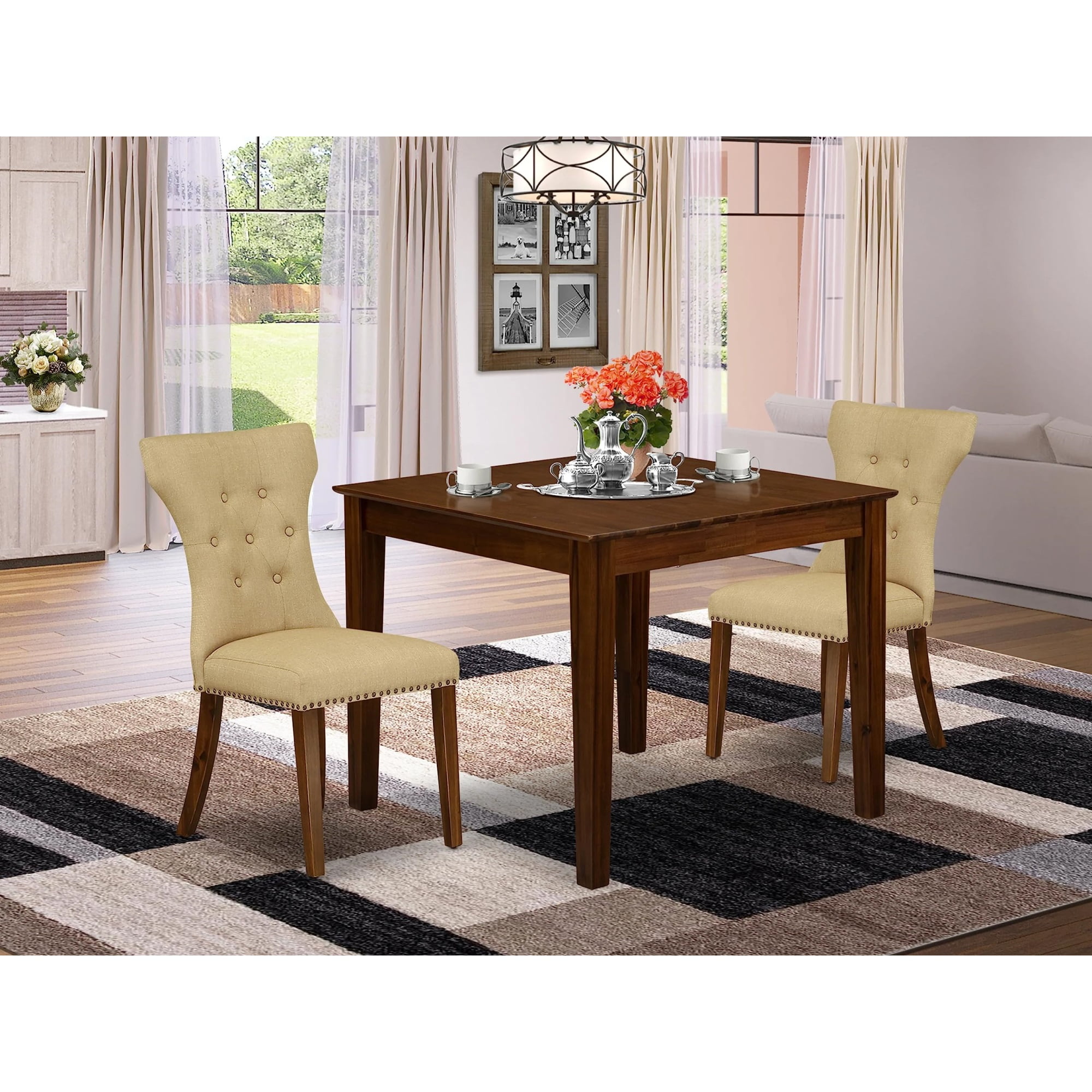 Ergode 3-Pc Dining Kitchen Table Set | Asian Rubber Wood | Mahogany Finish | Linen Fabric ...