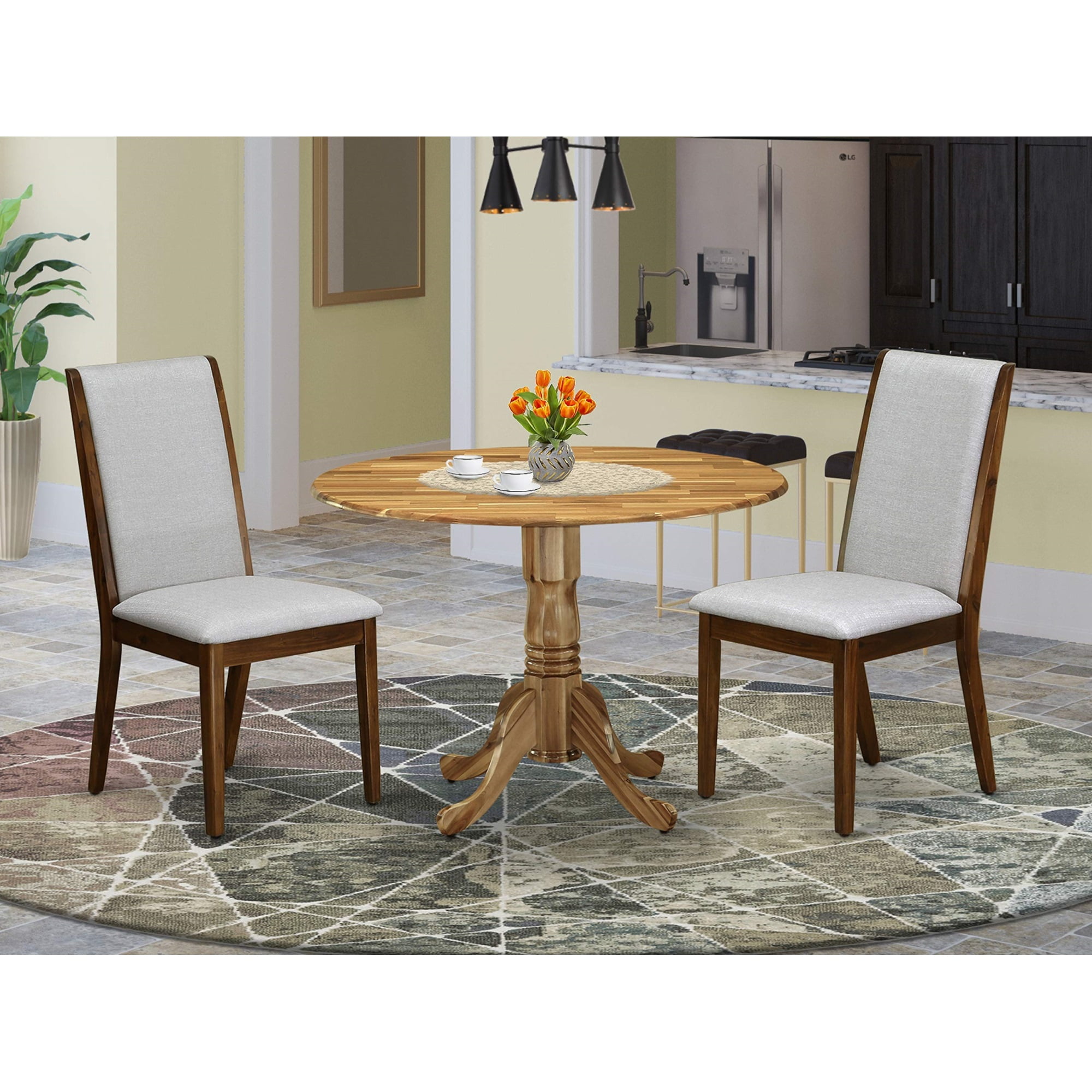Ergode 3-Piece Round Kitchen Table Set | Natural Finish | Linen Fabric ...