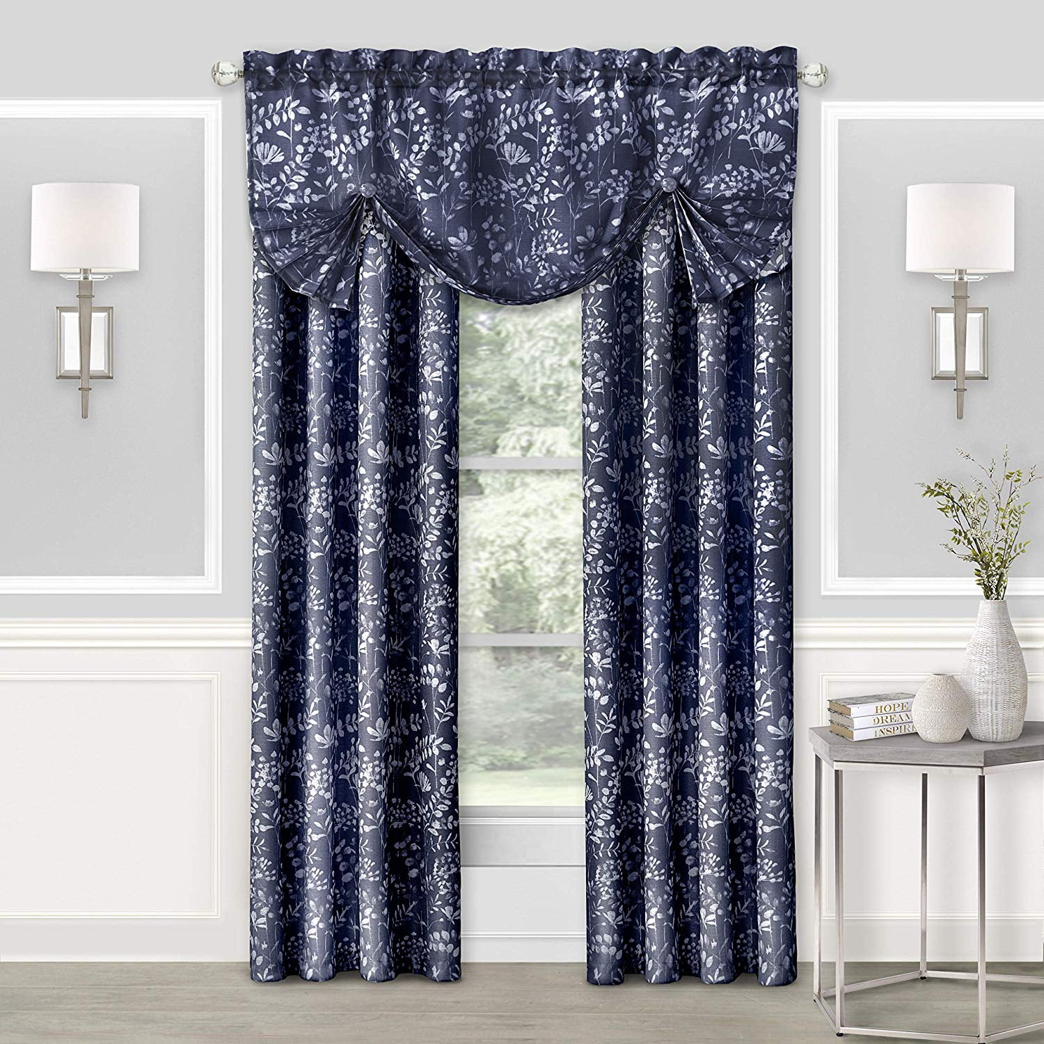 Charlotte Navy Blue Floral Modern Window Curtain Panel: 52" x 84", Rod ...