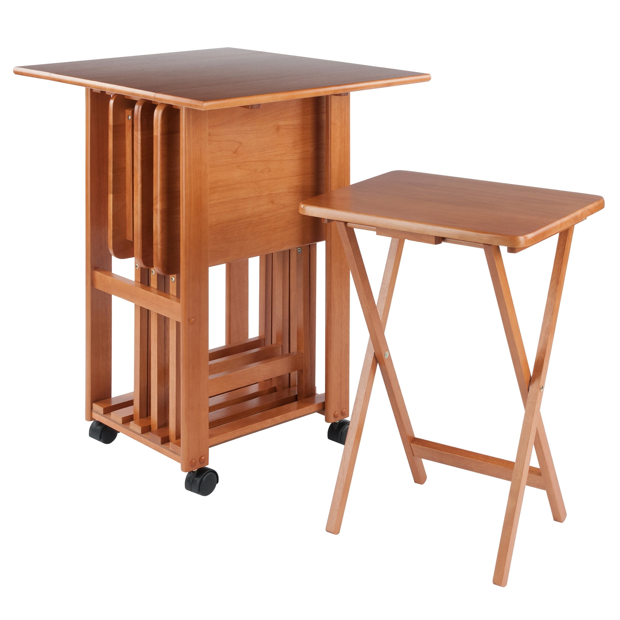 Ergode 5-Piece Wood Folding Snack Table Set with Rolling Storage Stand ...