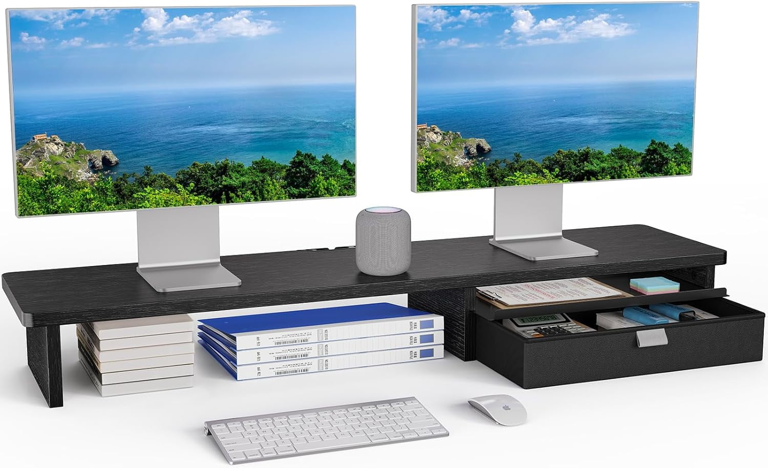 Ergonomic Dual Monitor Stand Riser with Steel Tray & Fabric Drawer ...