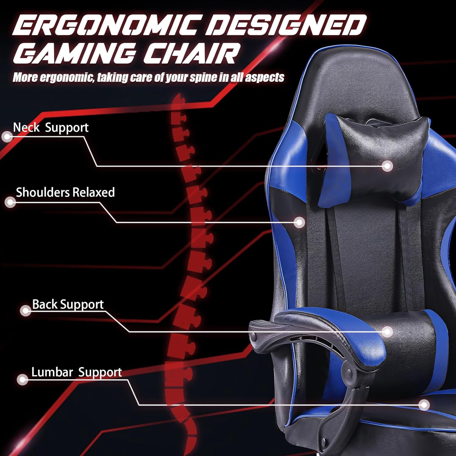 Ergonomic Gaming Chair with Footrest and Lumbar Support, PU Leather ...
