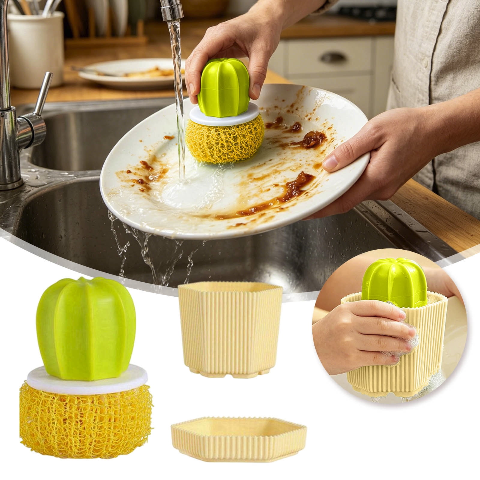 Ergonomic Grip Brush Dish Scrubber With Flowerpot Shape Draining Holder ...