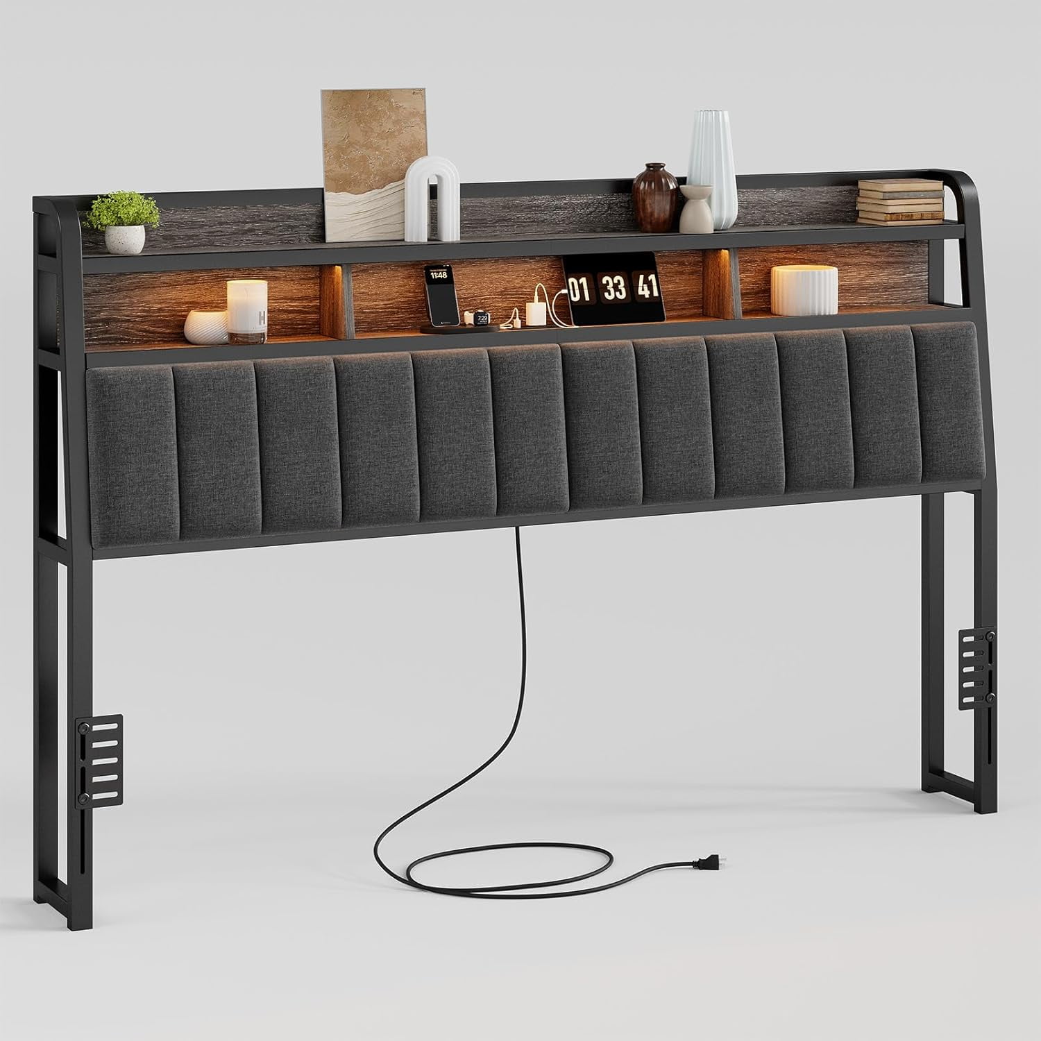 Ergonomic Headboard for King Size Bed with 2-Tier Storage, Upholstered ...