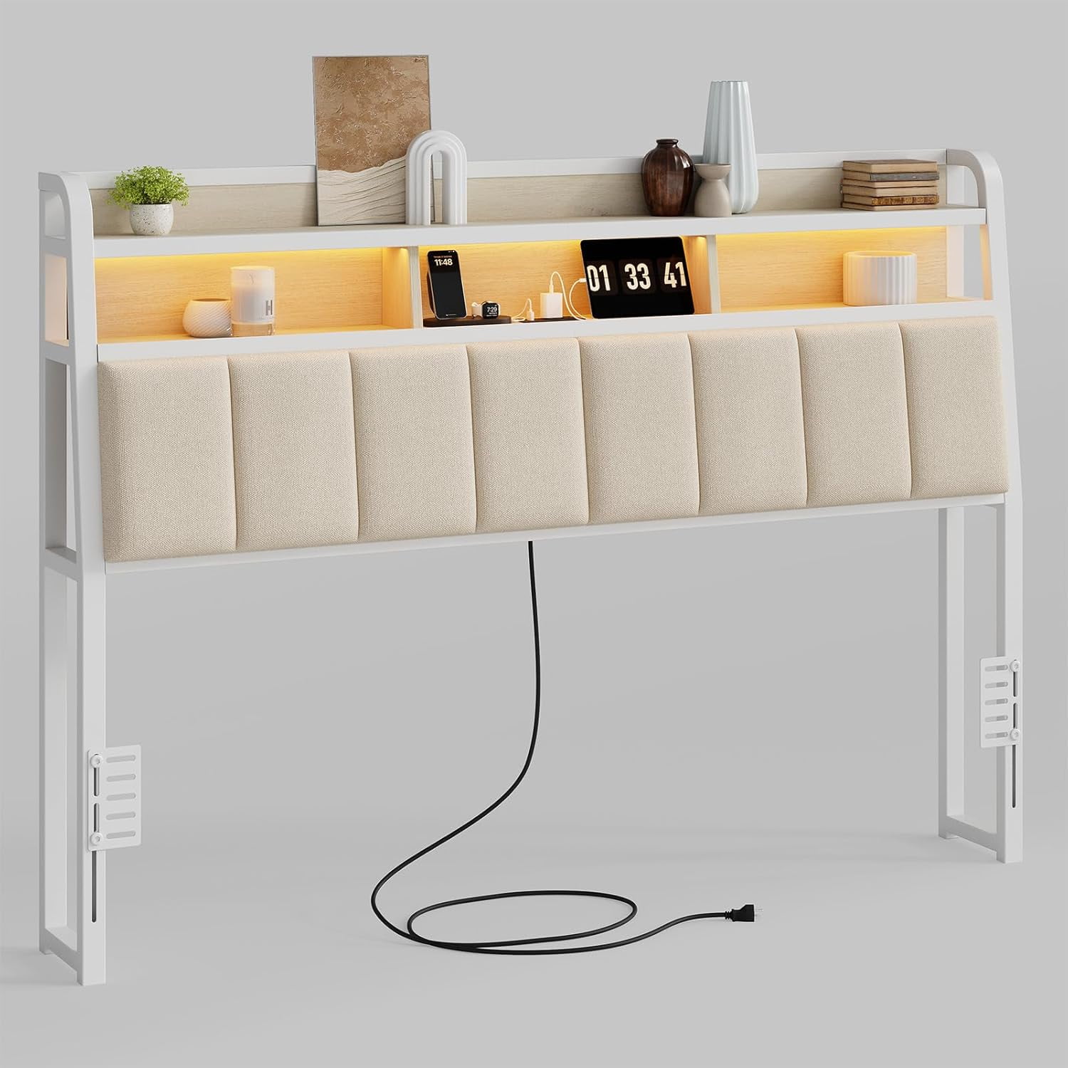 Ergonomic Headboard for Queen Size Bed with 2-Tier Storage, Upholstered ...