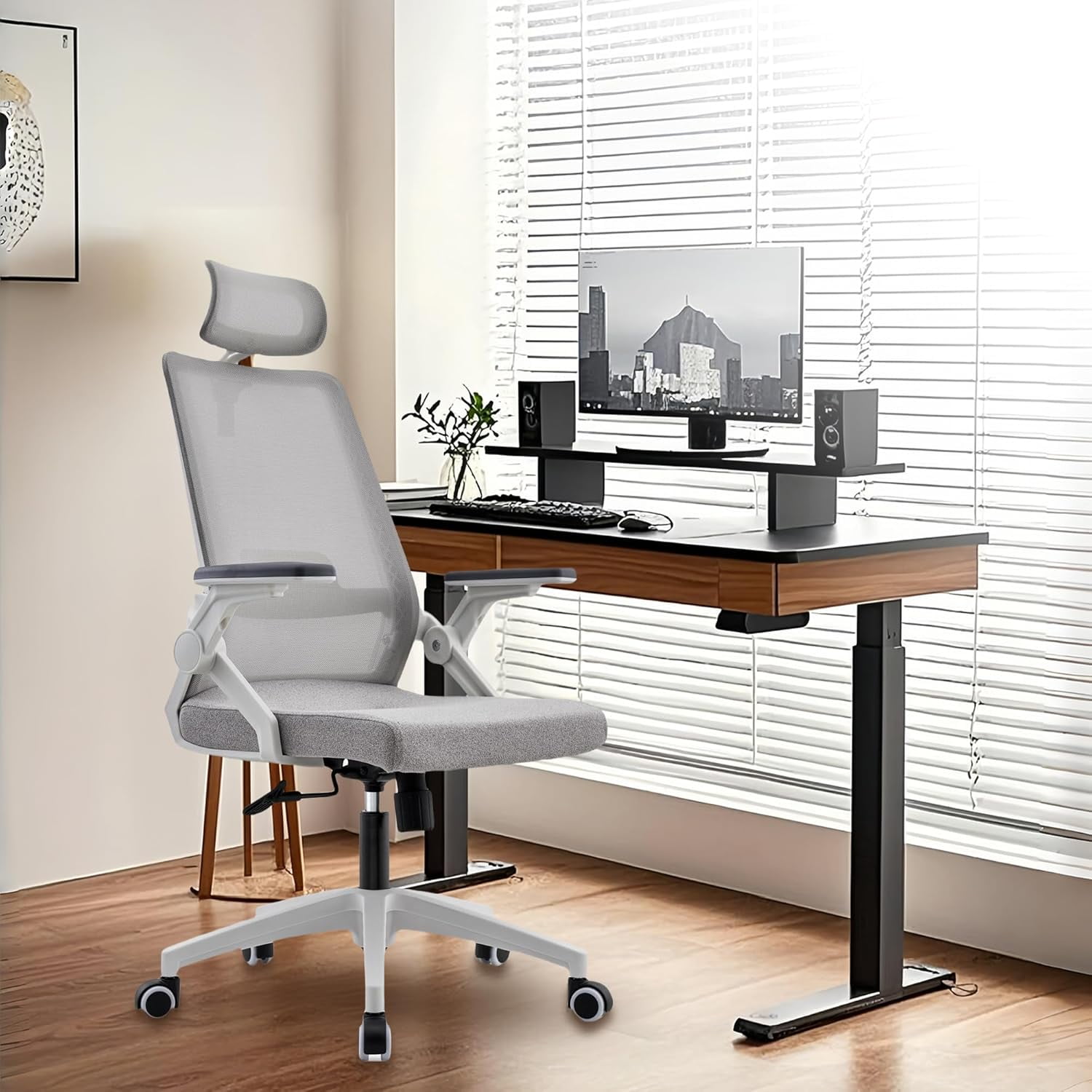 Ergonomic Headrest Office Chair Adjustable Height Seat with 4D Flip ...
