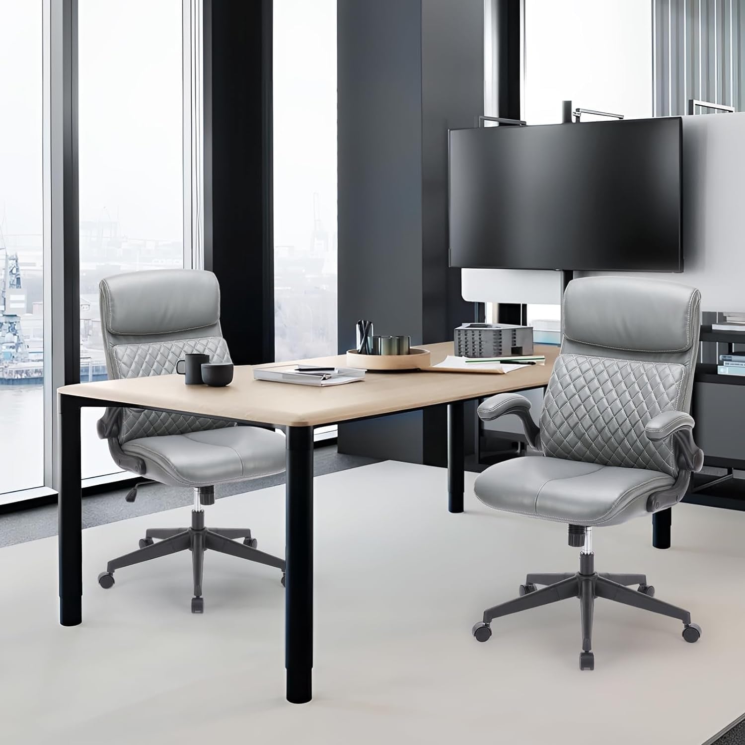Ergonomic Leather Executive Office Chair with Padded Flip-up Armrests ...