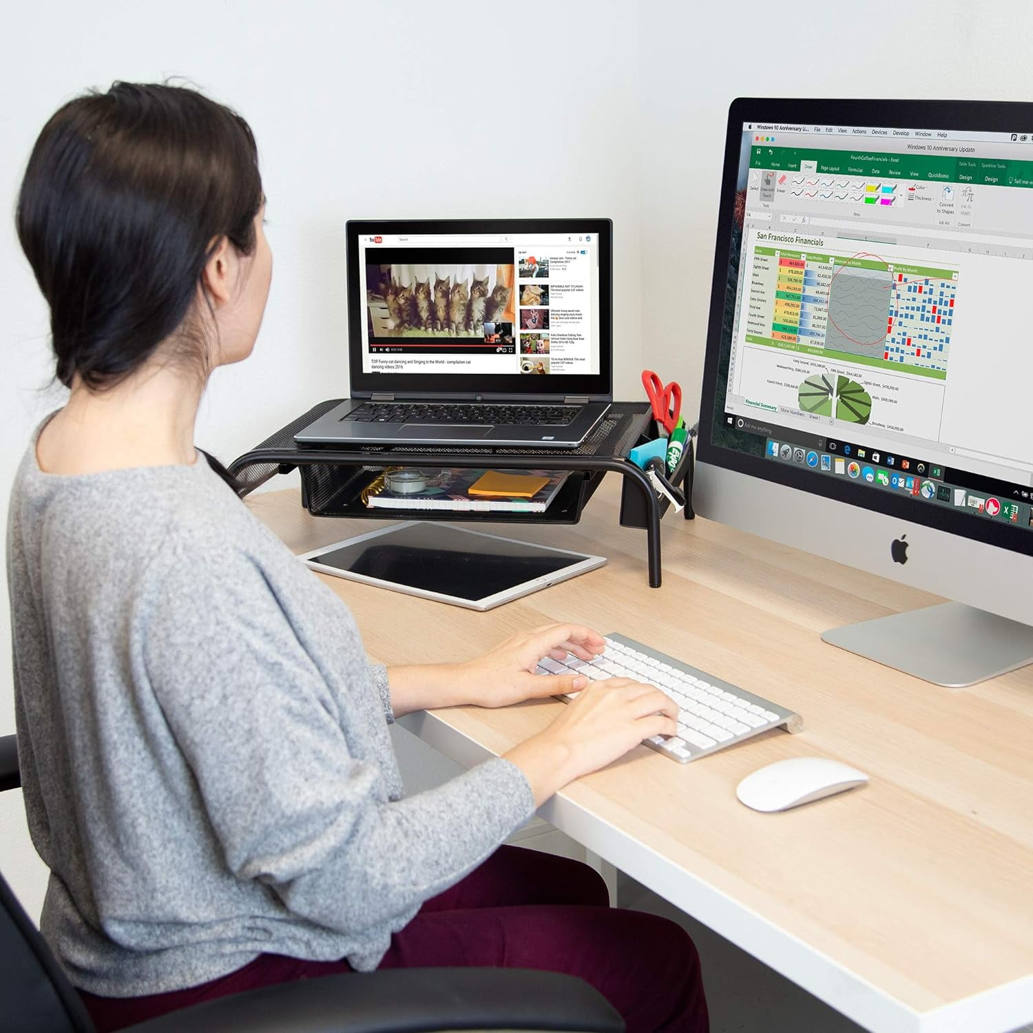 Ergonomic Metal Mesh Monitor Stand with Drawer, Desk Organizer and ...