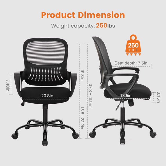 Ergonomic Mid-Back Mesh Office Chair with Wheels, Lumbar Support ...