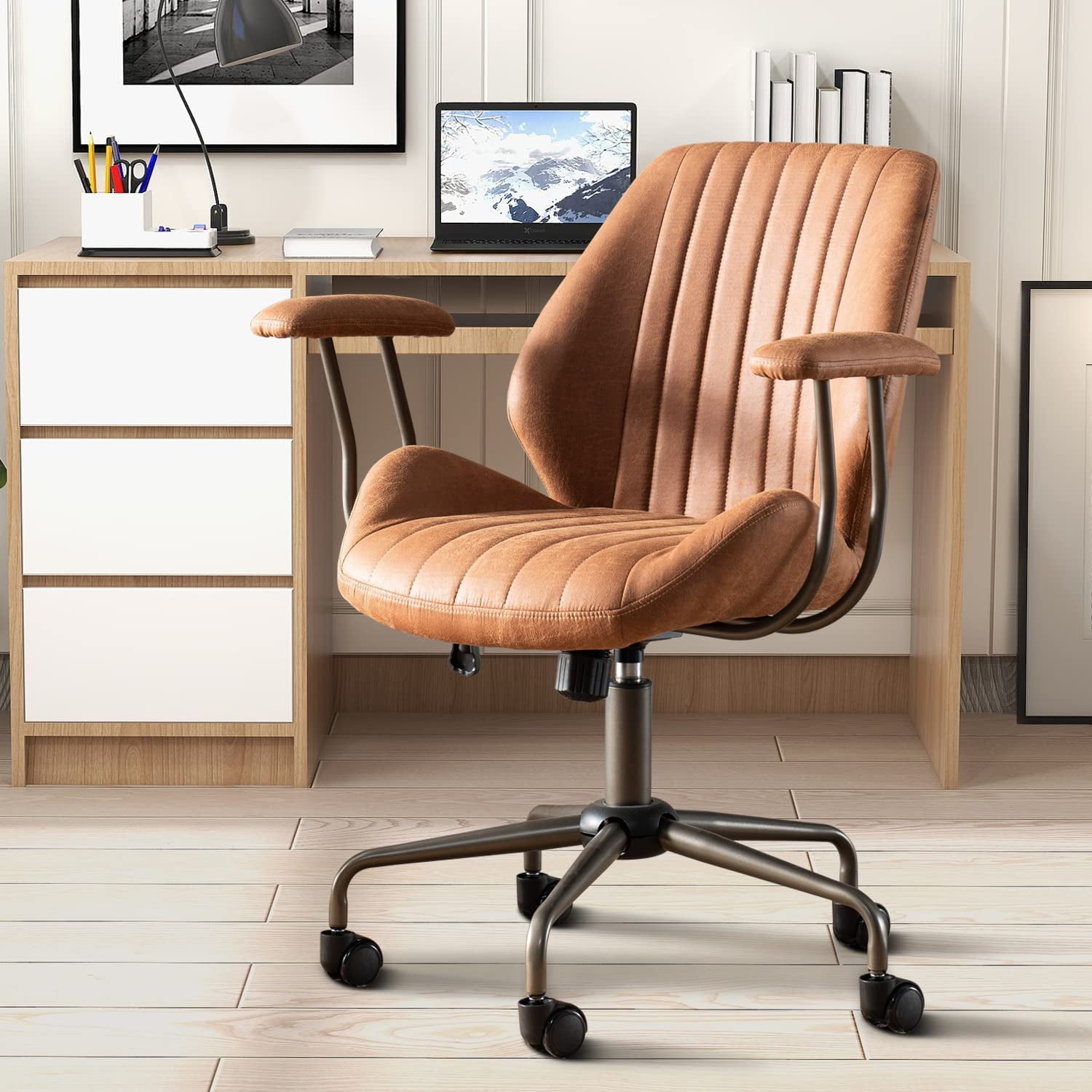 Ergonomic Office Chair, Comfy Leather Chair with Swivel Rolling Wheels ...