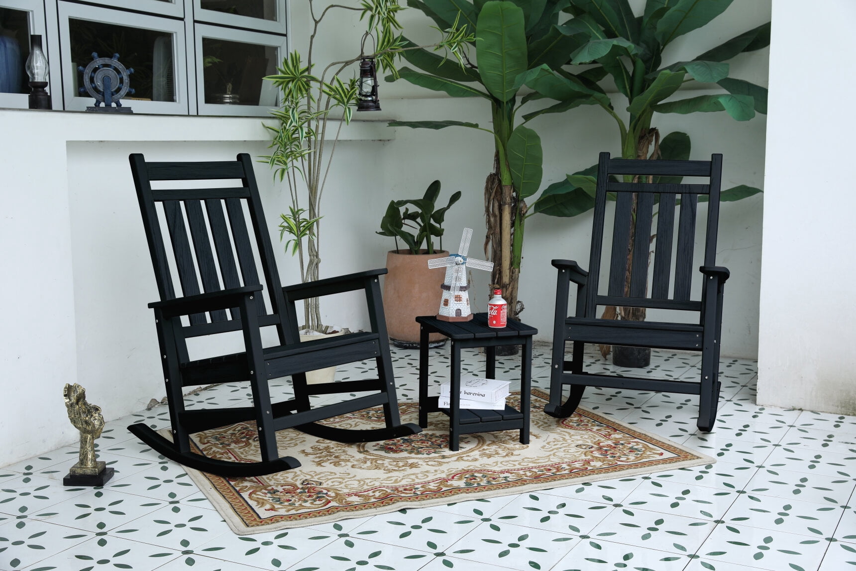 Ergonomic Outdoor Rocking Chair Set with Side Table, 3-Piece Weather ...