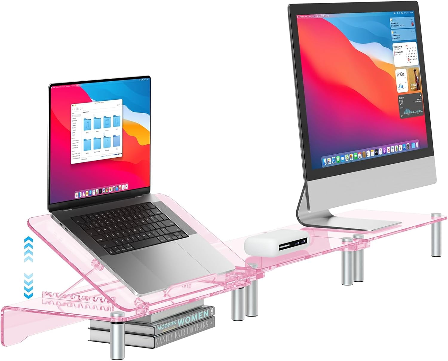 Ergonomic Pink Acrylic Dual Monitor Stand with Adjustable Laptop Riser ...